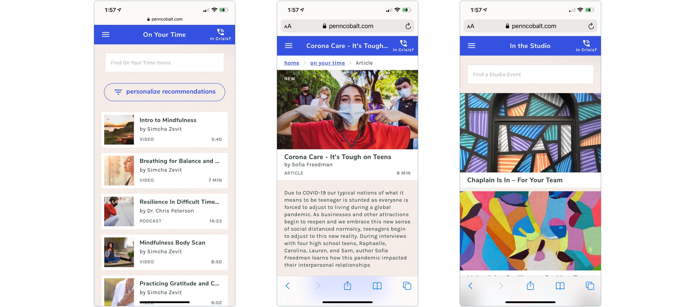 Cobalt mobile web application screenshots showing on your time content ...