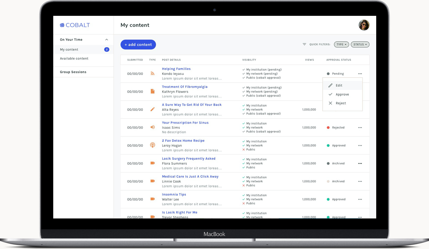 Cobalt desktop application for adding and managing content.